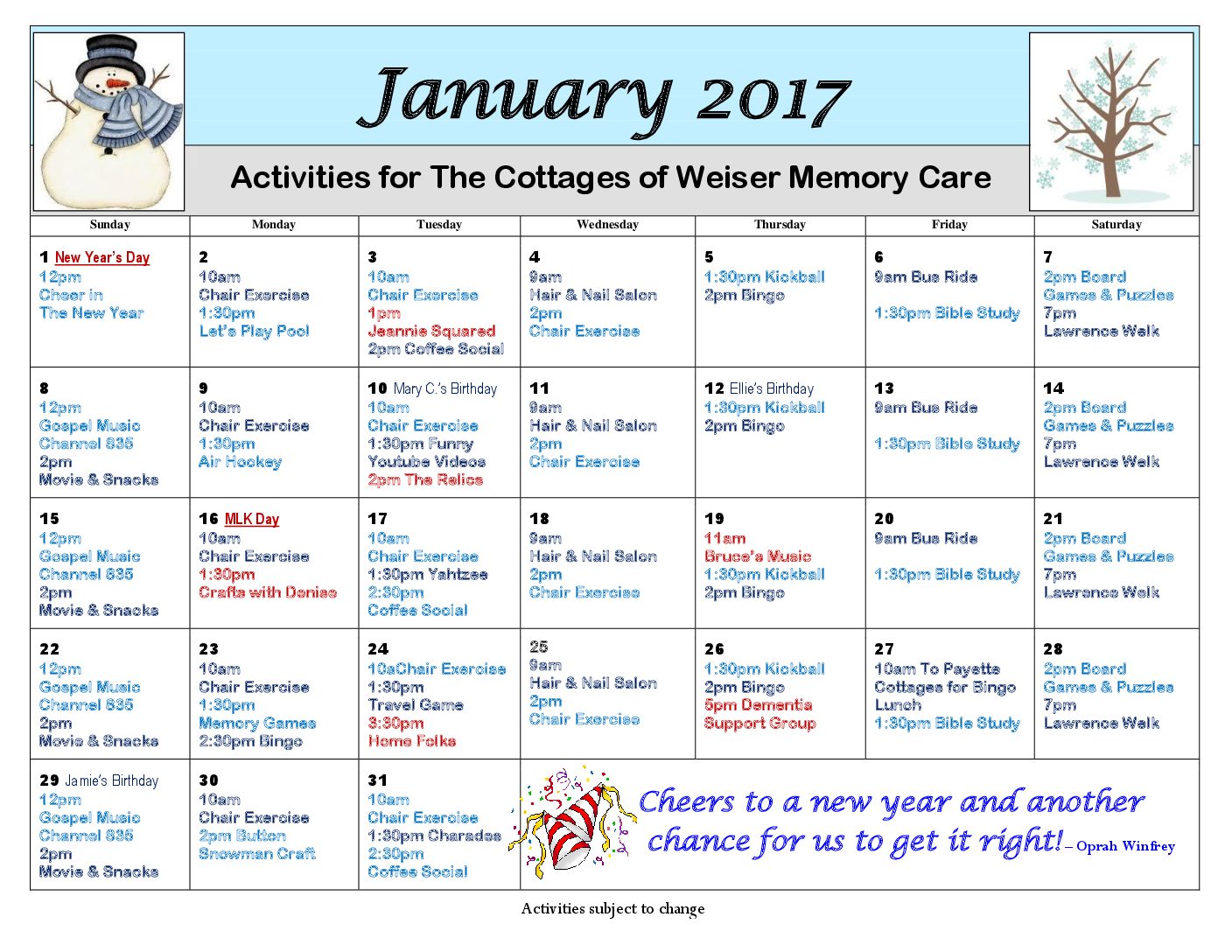 Nursing Home Activities Calendar